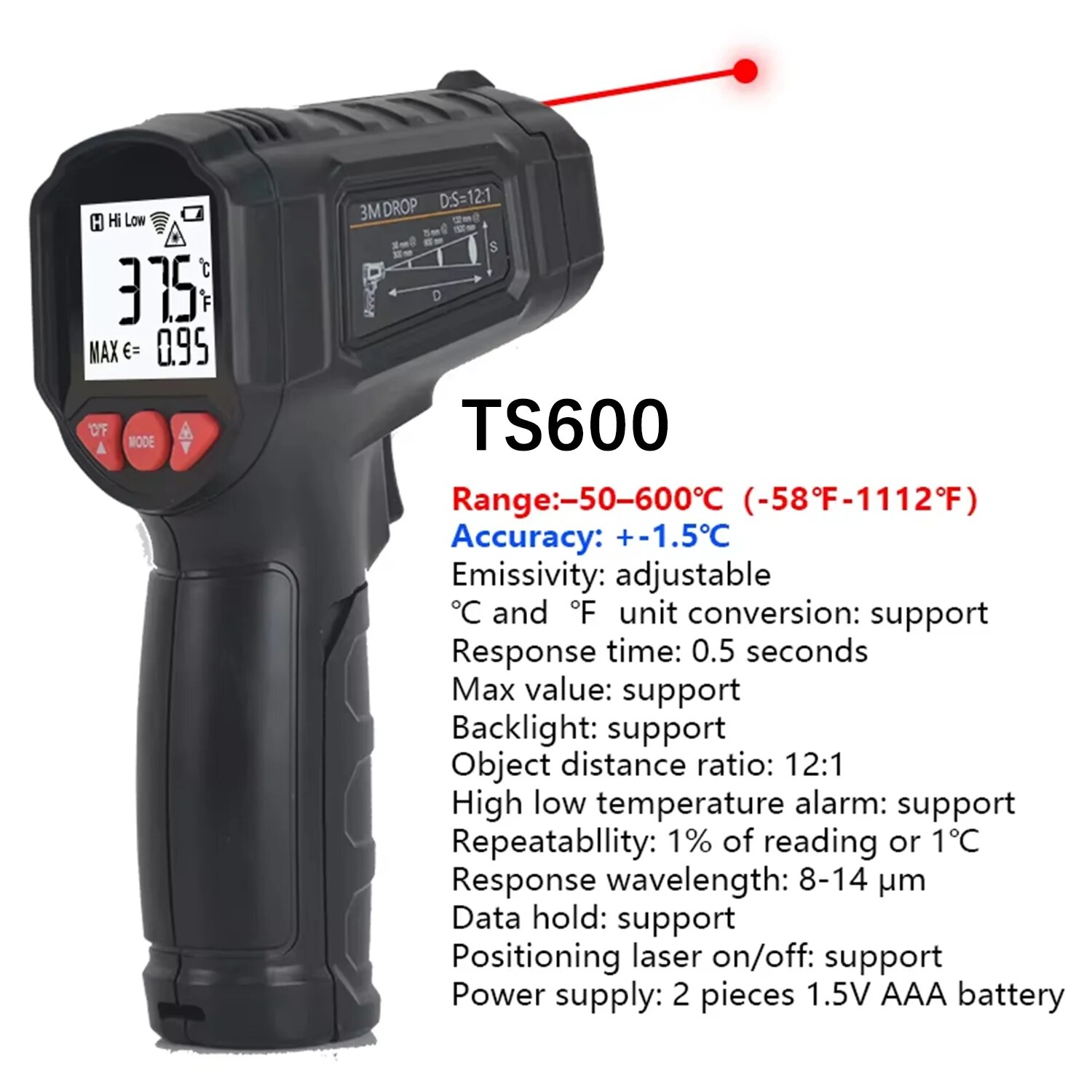 Инфракрасный термометр TS600, -50°C - 600°C, 12:1
