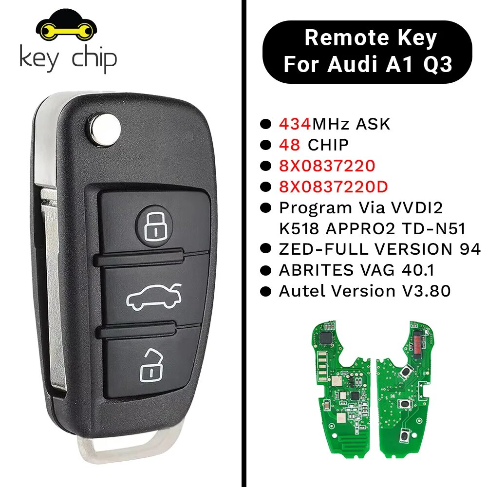 Для Audi A1 Q3 8X0837220D 434 МГц ASK 8X0837220 откидной дистанционный ключ 48 чипов 3 кнопки 2011 2010 2009 2008 2007 2012 2013