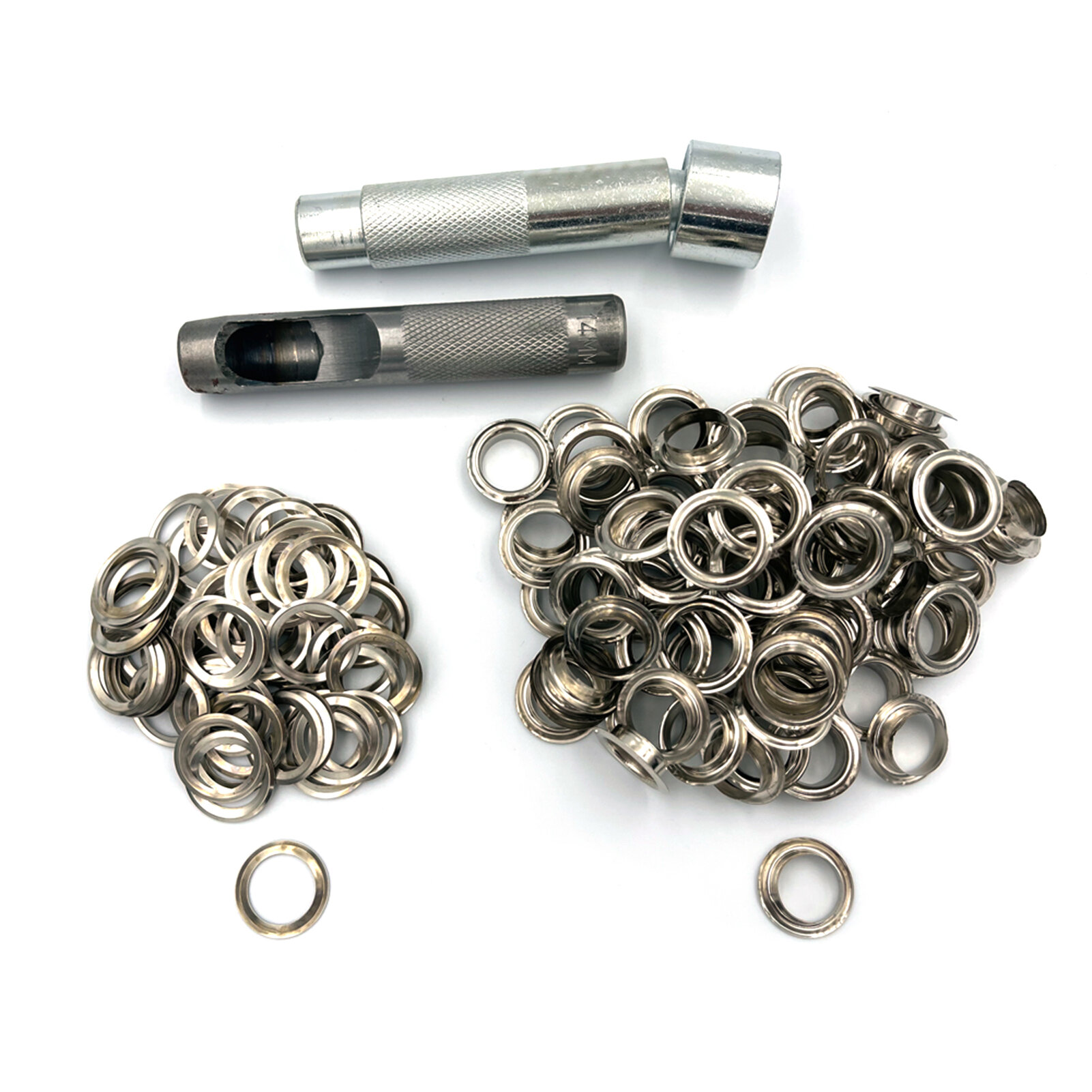 Набор инструментов для самодельного кожевенного ремесла: Пунктор для оконок + Пунктор для отверстий + 100 комплектов серебристых оконок-громметов, Материал: Сталь, Цвет: Серебристый, Внутреннее отверстие: 4mm, 5mm, 6mm, 8mm, 10mm, 12mm, 14mm, 17mm (по