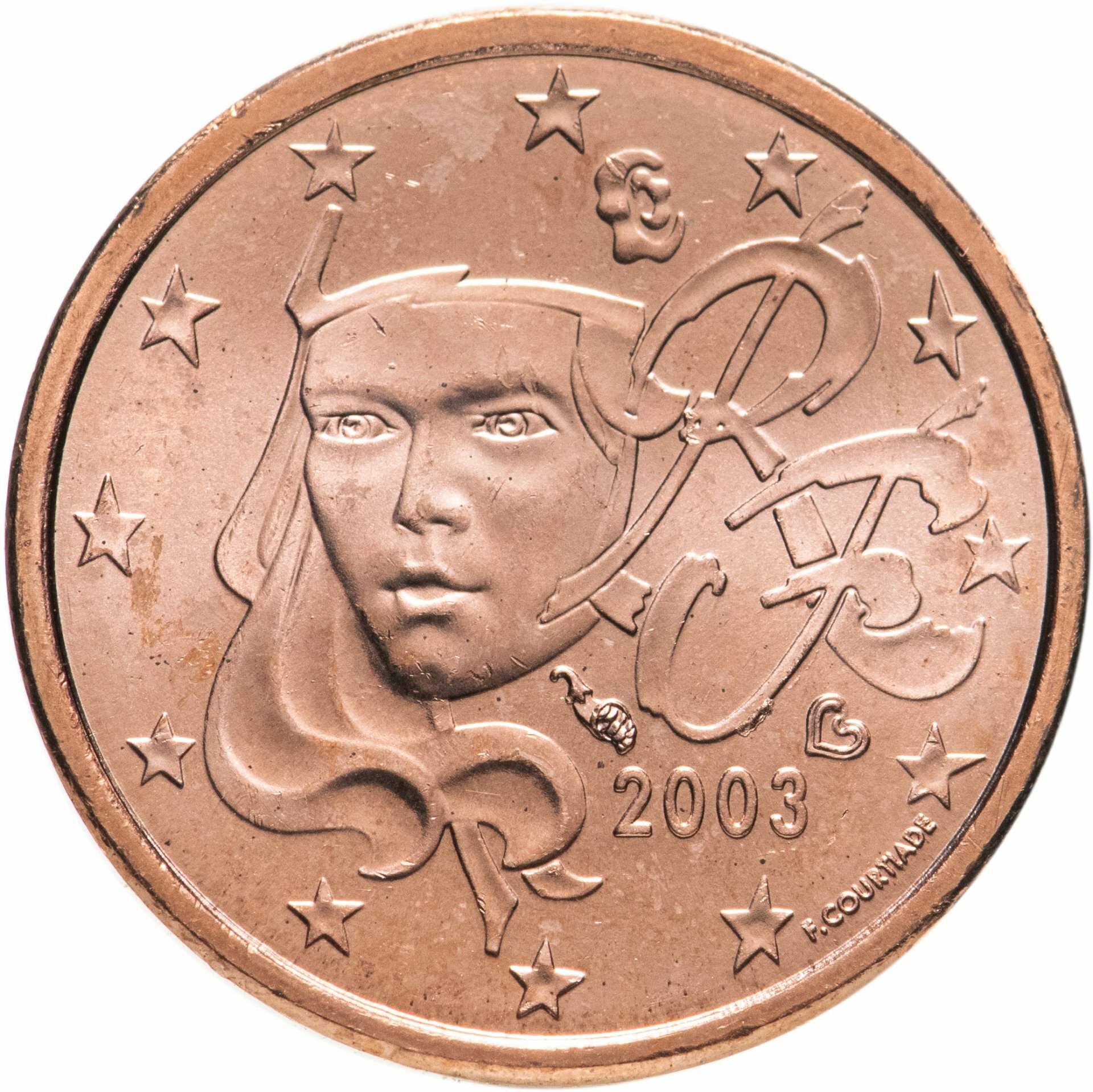 Франция 1 евроцент euro cent 2003, Сталь, плакированная медью, в сохранности AU-UNC