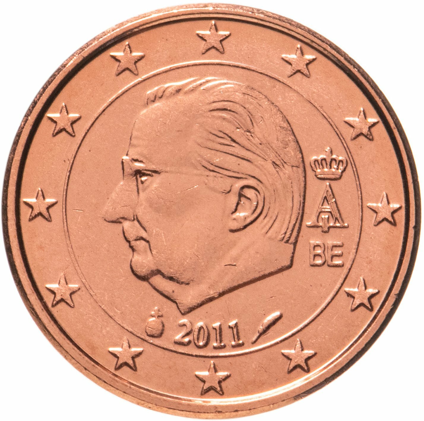 Бельгия 1 евро цент 2011 король Альберт II тип 2, Сталь, в сохранности UNC