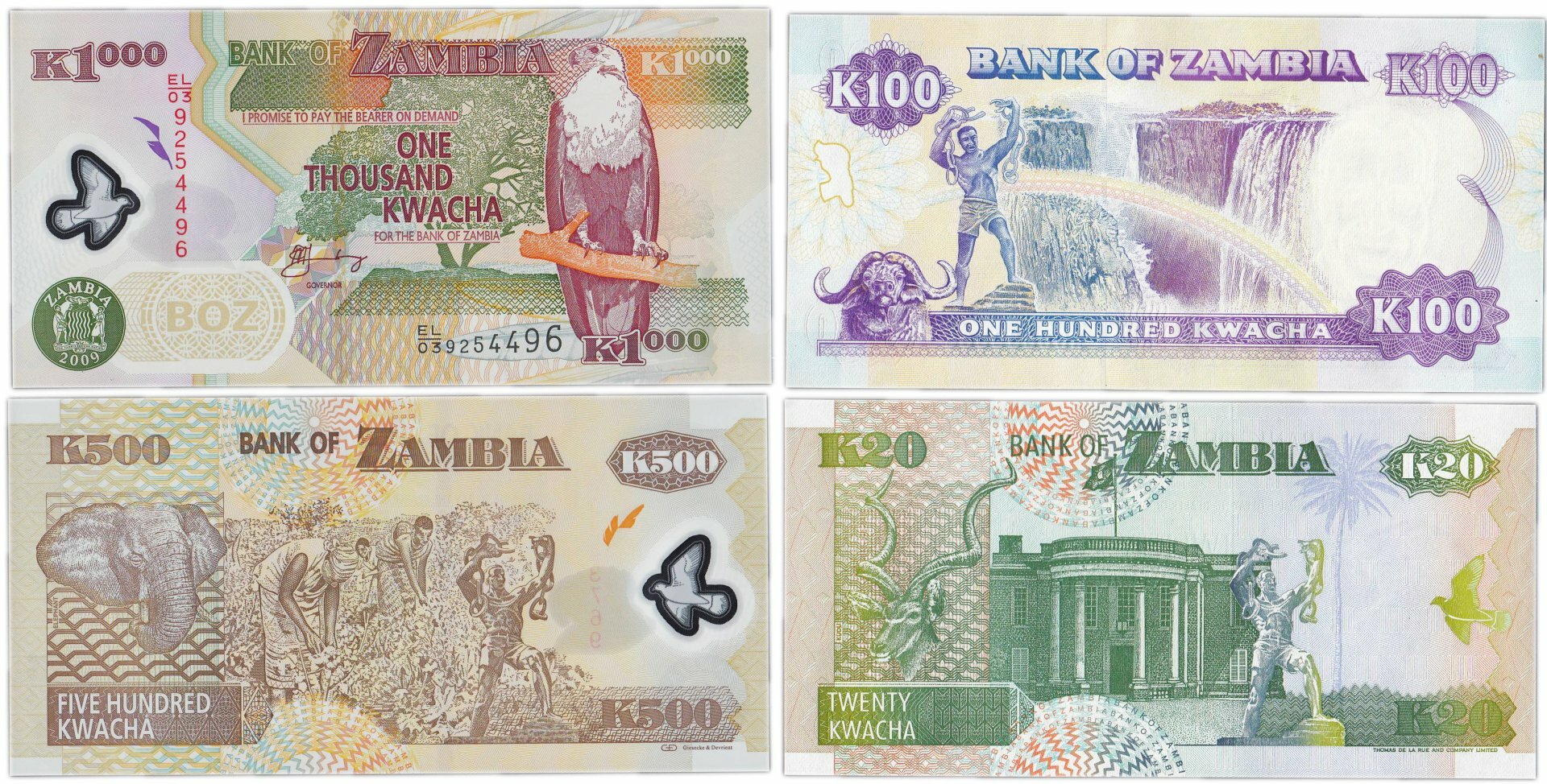 Замбия набор из 4 банкнот 20, 100, 500, 1000 квача 1992-2011