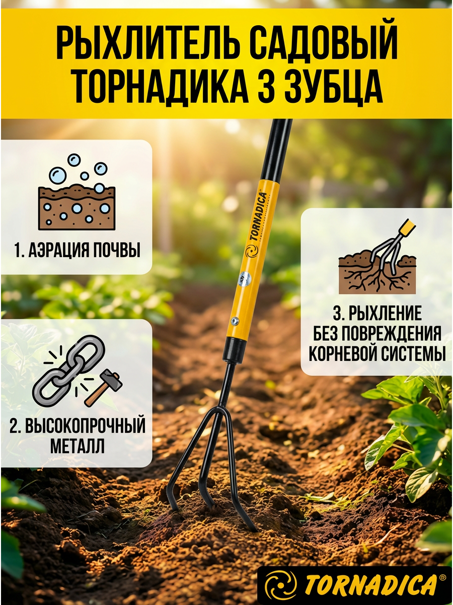 Рыхлитель садовый Торнадика 3 зубца с черенком / Культиватор 3 зуба со стальным черенком Tornadica