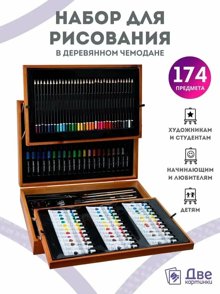 Набор для рисования кисти, краски, мелки, фломастеры, пастель и другое 174 предмета