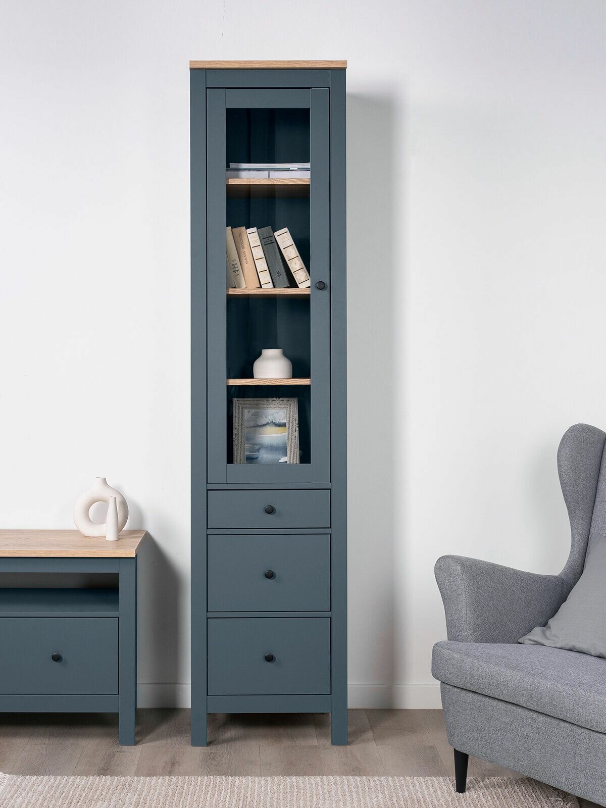 Шкаф с витриной Сага, 50х41х215 см, темно-бирюзовый/ясень, ГУД лакк