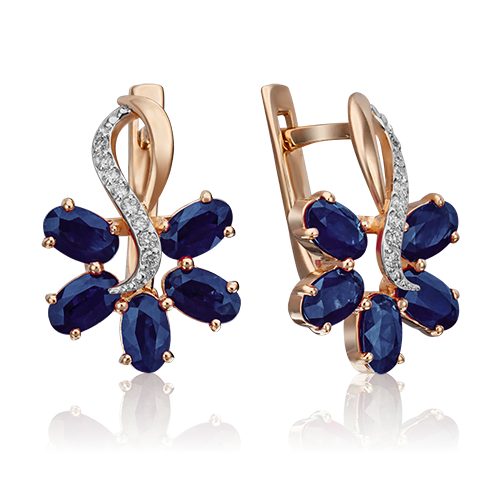 Серьги, красное золото, 585 проба, бриллиант, сапфир