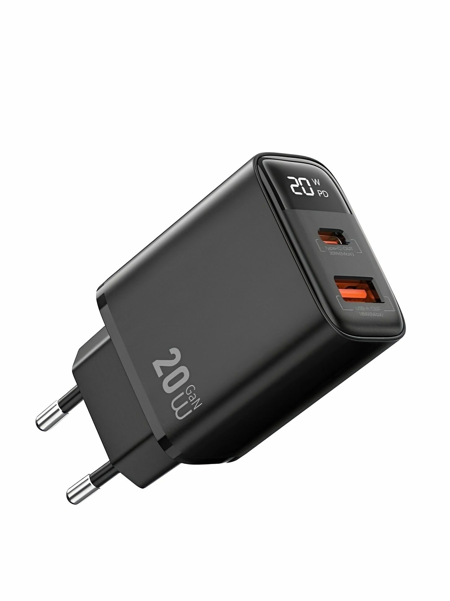 Сетевое зарядное устройство Wiwu 20W Firefly GaN Fast Charger USB-C+USB-A EU, быстрая зарядка, дисплей