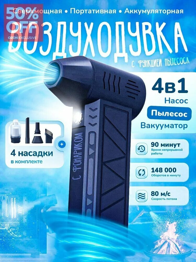 Воздуходувка - пылесос портативная аккумуляторная, Ветродуйка с функцией пылесоса / Воздуходувка для компьютера, Турбовентилятор