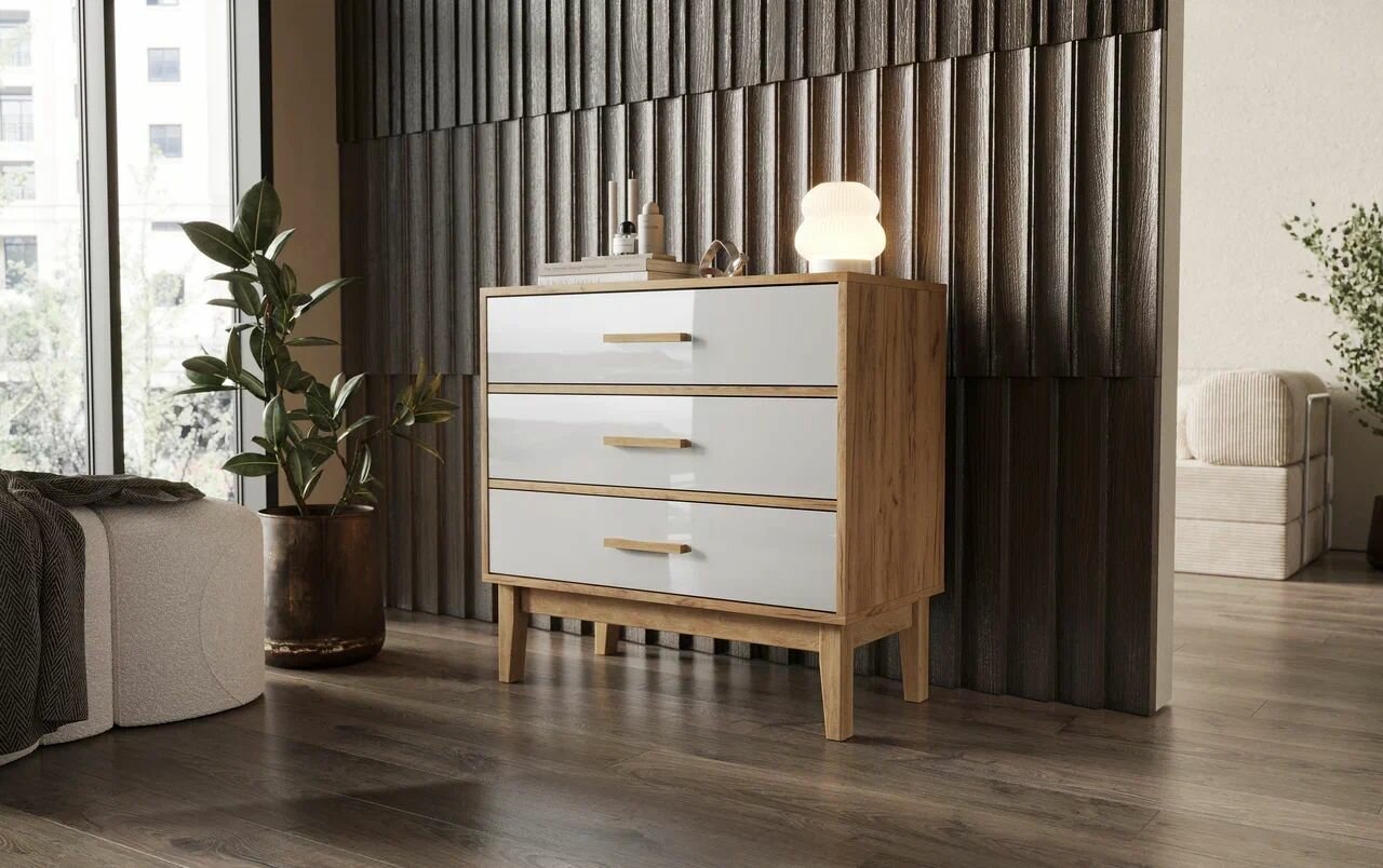Кельн Комод 3 ящика 80см. Белый Глянец, Дуб Крафт