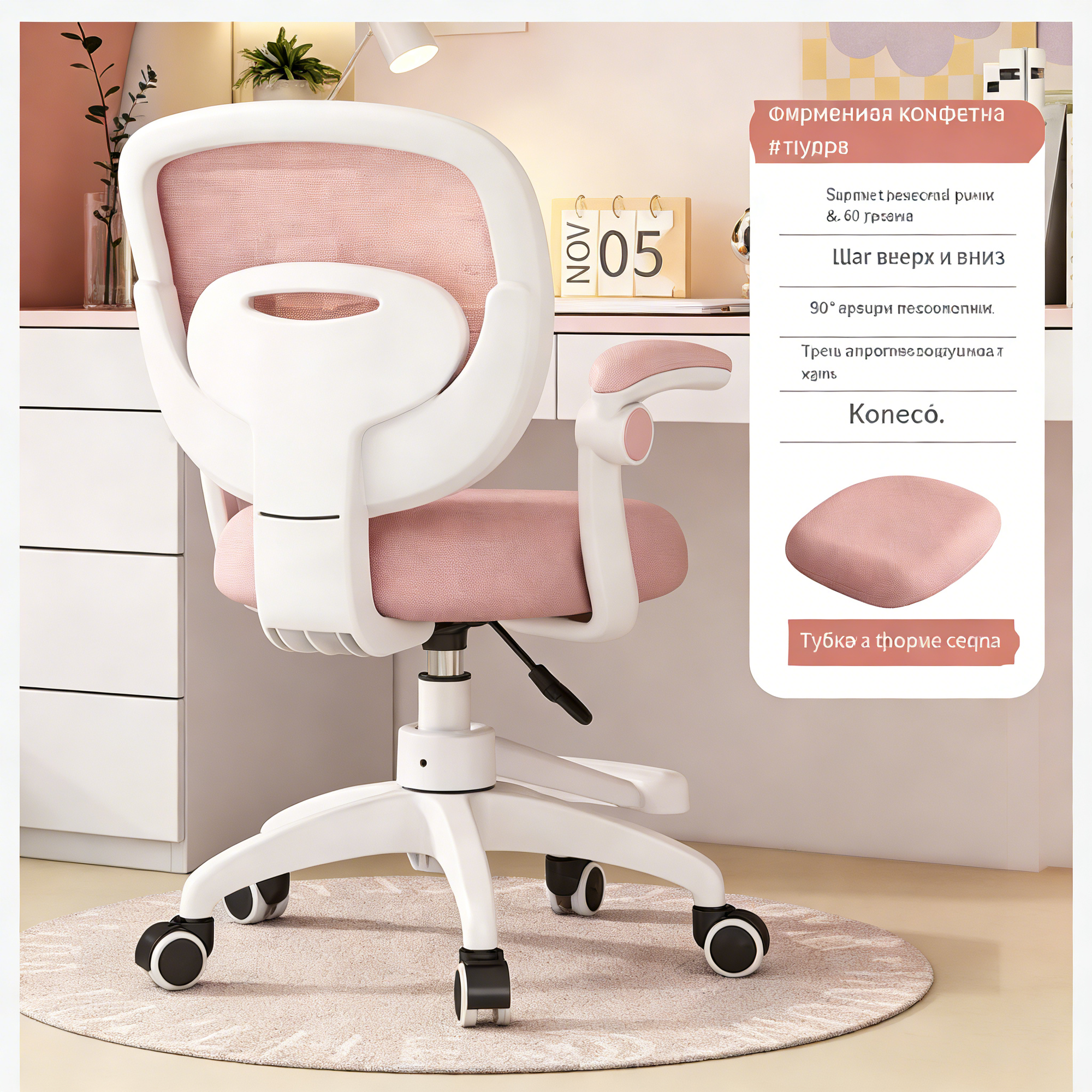 Детское компьютерное кресло Сакура Розовый N4C 6,5 кг – подлокотник, подставка ног, дышащая сетка, колеса 360°