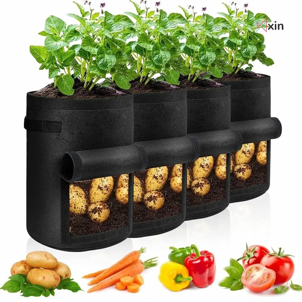 Набор из 4 мешков для выращивания картофеля и овощей, 38 литров, с удобным клапаном и окном для сбора урожая