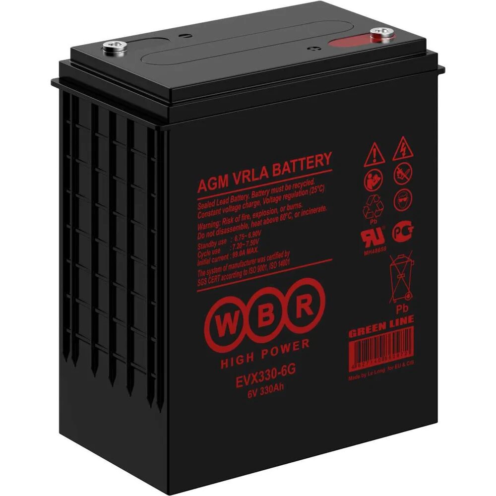 Аккумулятор тяговый WBR EVX330-6, 6В, 330 Ач, GEL, для погрузчиков и штабелеров, размеры 295x178x348 мм, вес