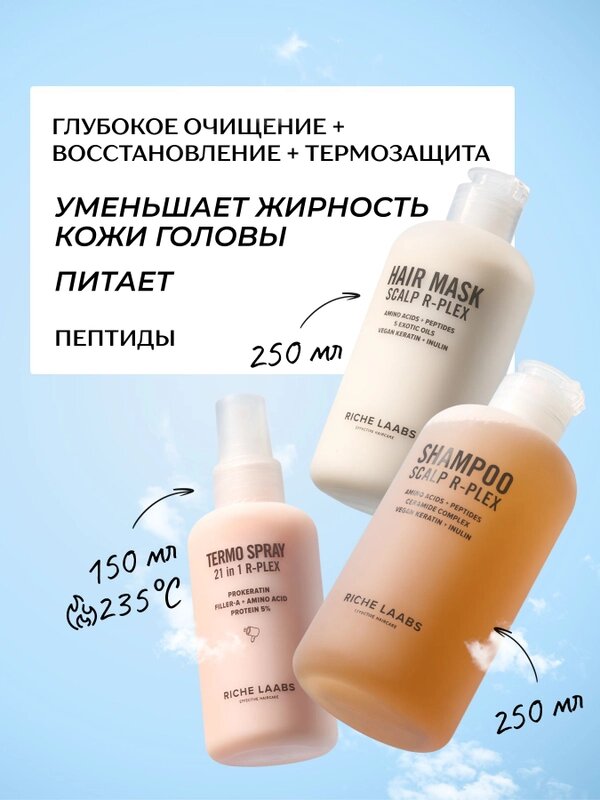 RICHE Набор для волос: глубокоочищающий шампунь + восстанавливающая маска + термозащита 21 в 2