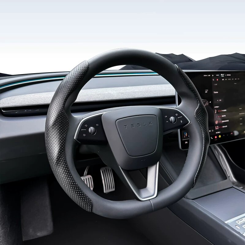 Ультратонкий противоскользящий чехол для руля Tesla Model 3/Y/YL из премиум-наппа-кожи - черный