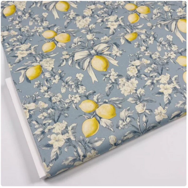 Ткань хлопок с лимонами и цветами, голубая, 100% хлопок, Size: half yard, Color: 3