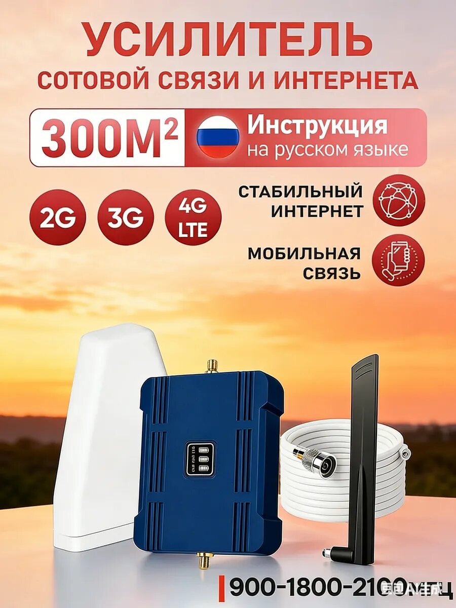 Усилитель сотовой связи 900/1800/2100 МГц (2G/3G/4G): до 70 км, направленный, синий, 1.3 кг