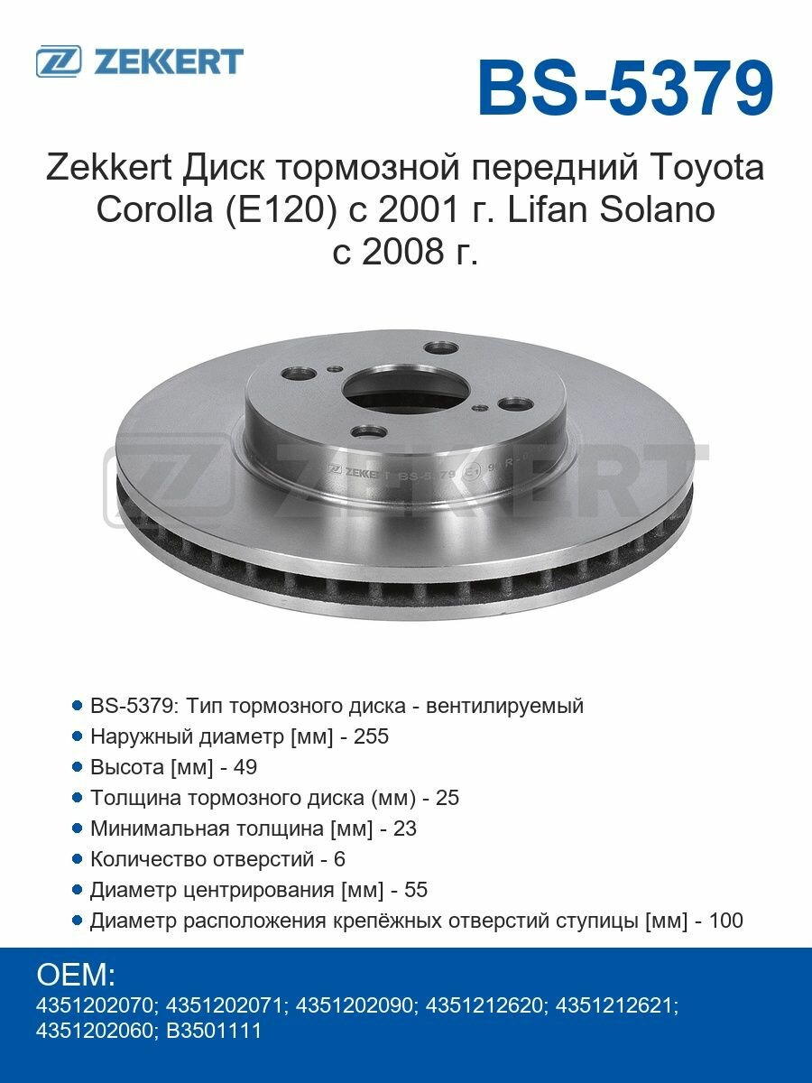 Zekkert Диск тормозной передний Toyota Corolla (E120) с 2001 г. Lifan Solano с 2008 г.