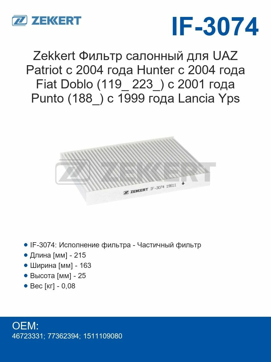 Zekkert Фильтр салонный для UAZ Patriot с 2004 года Hunter с 2004 года Fiat Doblo (119_ 223_) с 2001 года Punto (188_) с 1999 года Lancia Yps