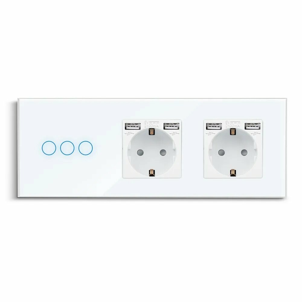 Сенсорный Выключатель трехклавишный с двумя розетками с 2 USB,3 клавиша 2 розетки, панель стекло белый,228mm