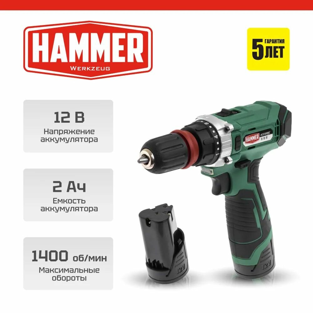 Шуруповерт аккумуляторный HAMMER ACD122QC 2 акк. Li-ion, В кейсе, 12В, 28 Нм