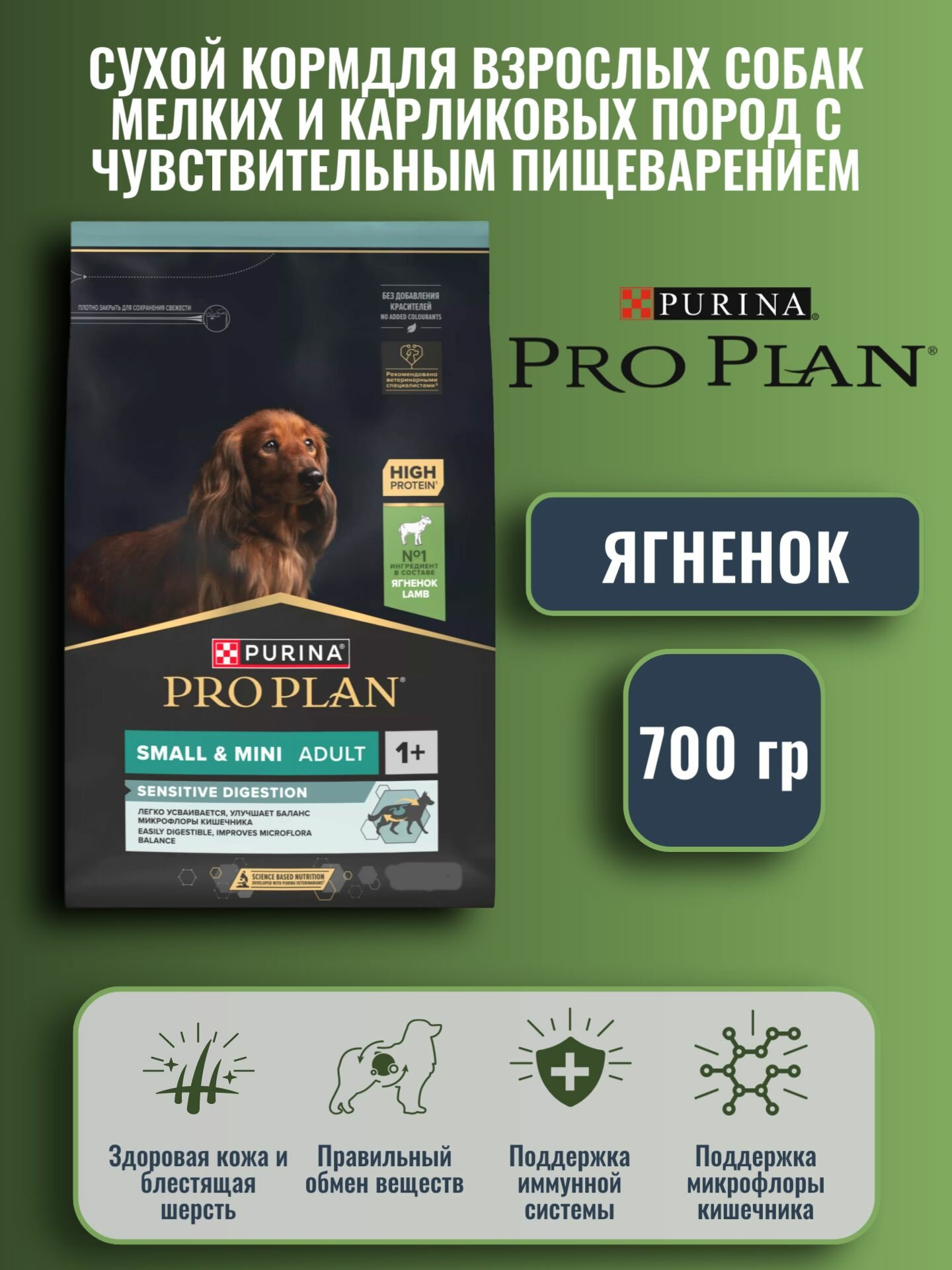 Pro Plan Sensitive Digestion Adult Small & Mini / Сухой корм с ягнёнком для взрослых собак мелких и карликовых пород с чувствительным пищеварением, 700 г