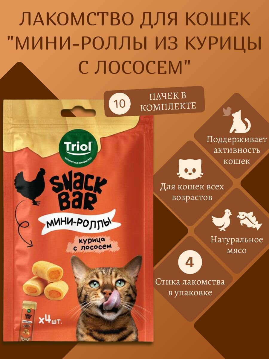 Лакомство для кошек "Мини-роллы с начинкой из курицы с лососем", 40г, SNACK BAR Triol, 10 пачек