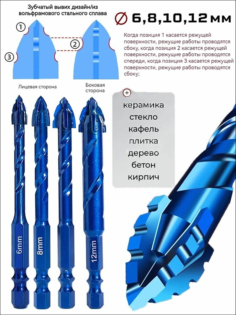 Набор алмазных свёрл J84N, для стекла, керамики, плитки, вольфрамовая сталь, 6/8/10/12мм