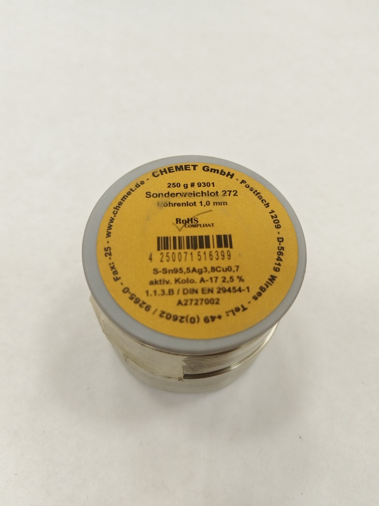 Припой Chemet мягкий 272, с флюсом А-17, диаметр 1 мм, на катушках по 250 г, A2727002