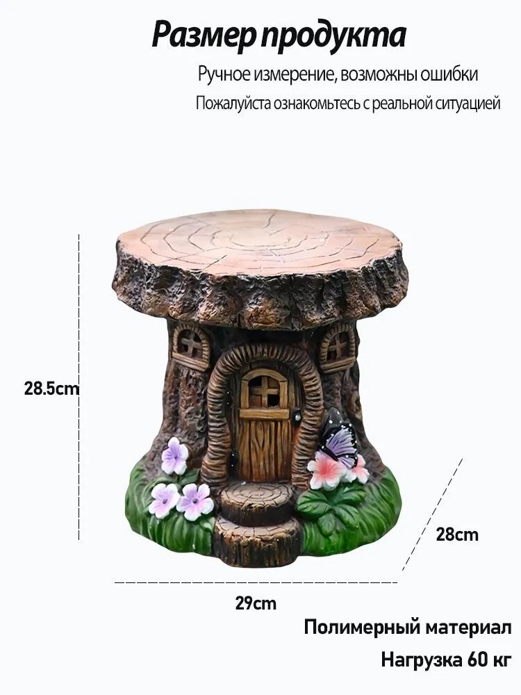 Садовая фигурка в виде пенька с домиком и подсветкой, материал смола, для сада, 28*29*28.5 см — фото 1
