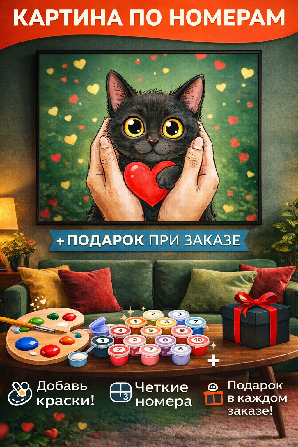 Картина по номерам на холсте "Котик с сердечком", акварельные краски, 30x40 см цифровой товар