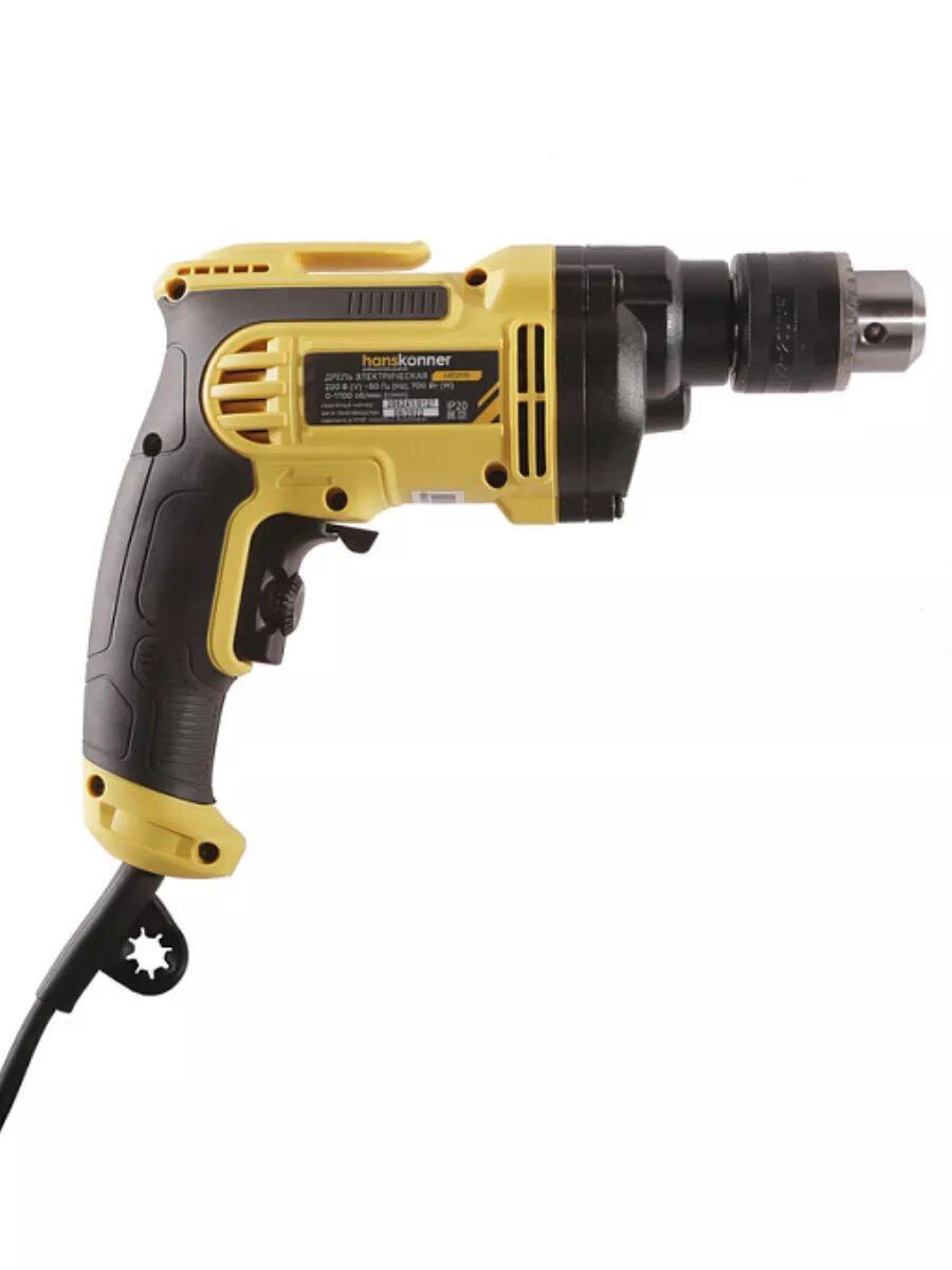 Дрель Hanskonner HID2175, безударная, 1700 об/мин, 700 Вт, реверс, понижающий редуктор, желтый