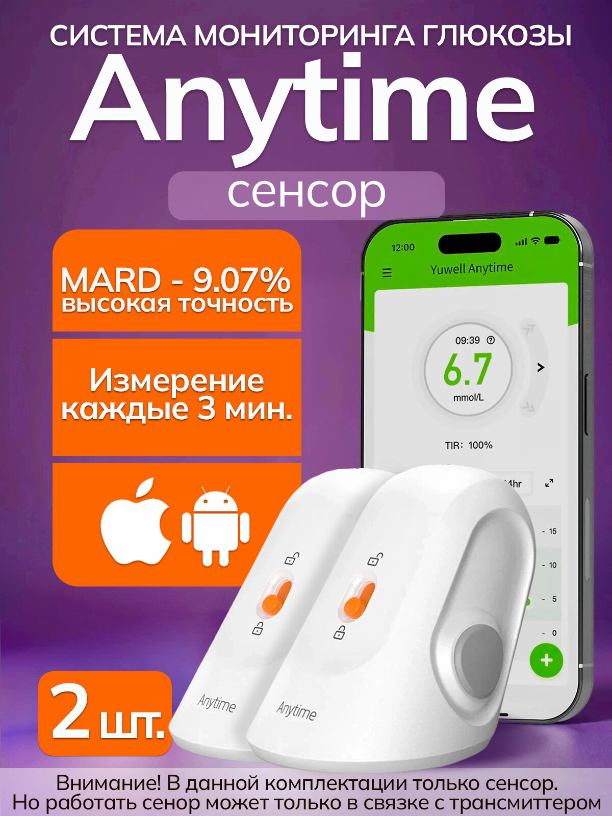 Сенсор для непрерывного мониторинга глюкозы Anytime CGM - 2 штуки