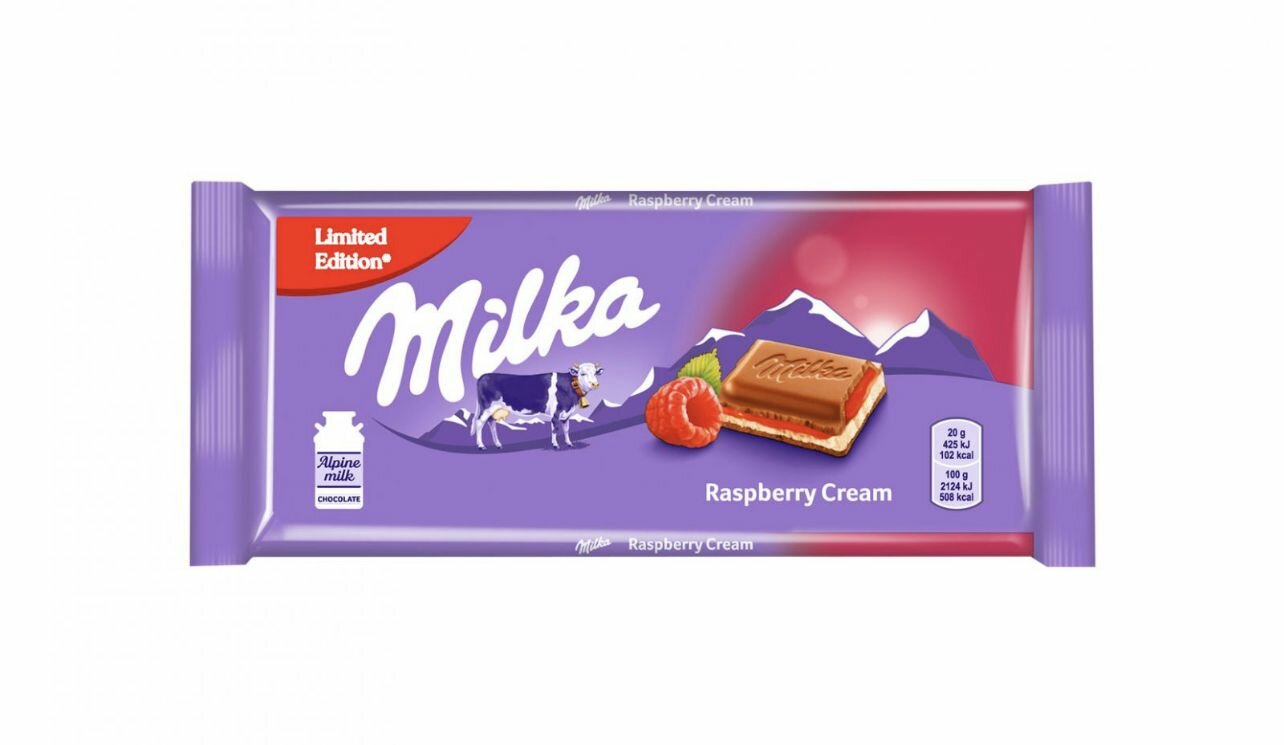 Шоколадная плитка Milka Raspberry Cream, 2 шт. по 90 гр.