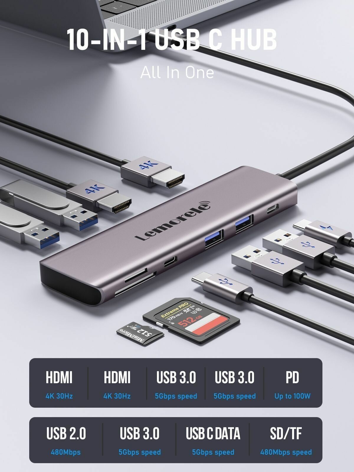 Эксклюзивный хаб Lemorele TC91 10 в 1 с двумя портами HDMI 4K, зарядкой PD 100W, кардридером SD TF и тремя разъемами USB 3.0 для MacBook или компьютера
