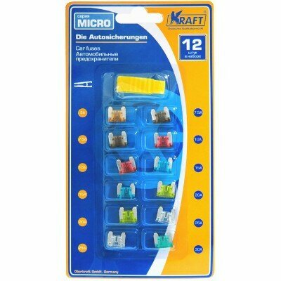 Набор предохранителей KRAFT KT 870016 5a, 30a по 1 шт, 7, 5a, 10a, 15a, 20a, 25a по 2 шт, серия Micro с пинцетом, 12 шт