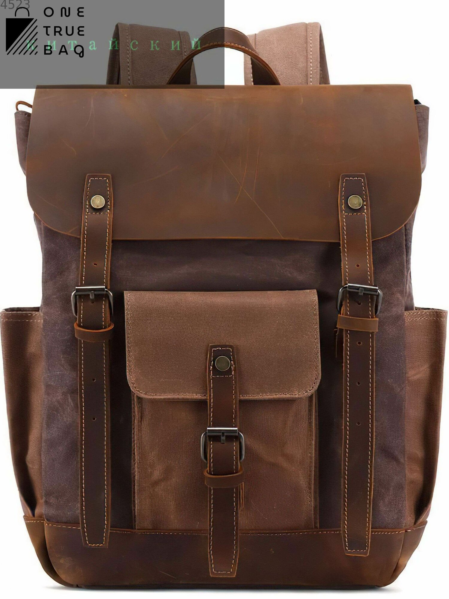 Рюкзак One True Bag для города с отсеком для ноутбука и документов, винтажный из ткани канвас водонепроницаемой и с элементами натуральной кожи, коричневый цвет6734