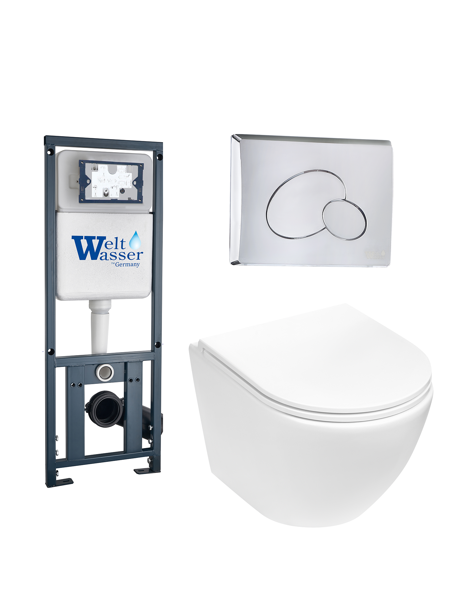 Комплект 3 в 1 Унитаз подвесной WeltWasser MERZBACH 043 MT-WT безободковый+Инсталляция MARBERG 410 с кнопкой MAR 410 RD-CR хром глянцевый