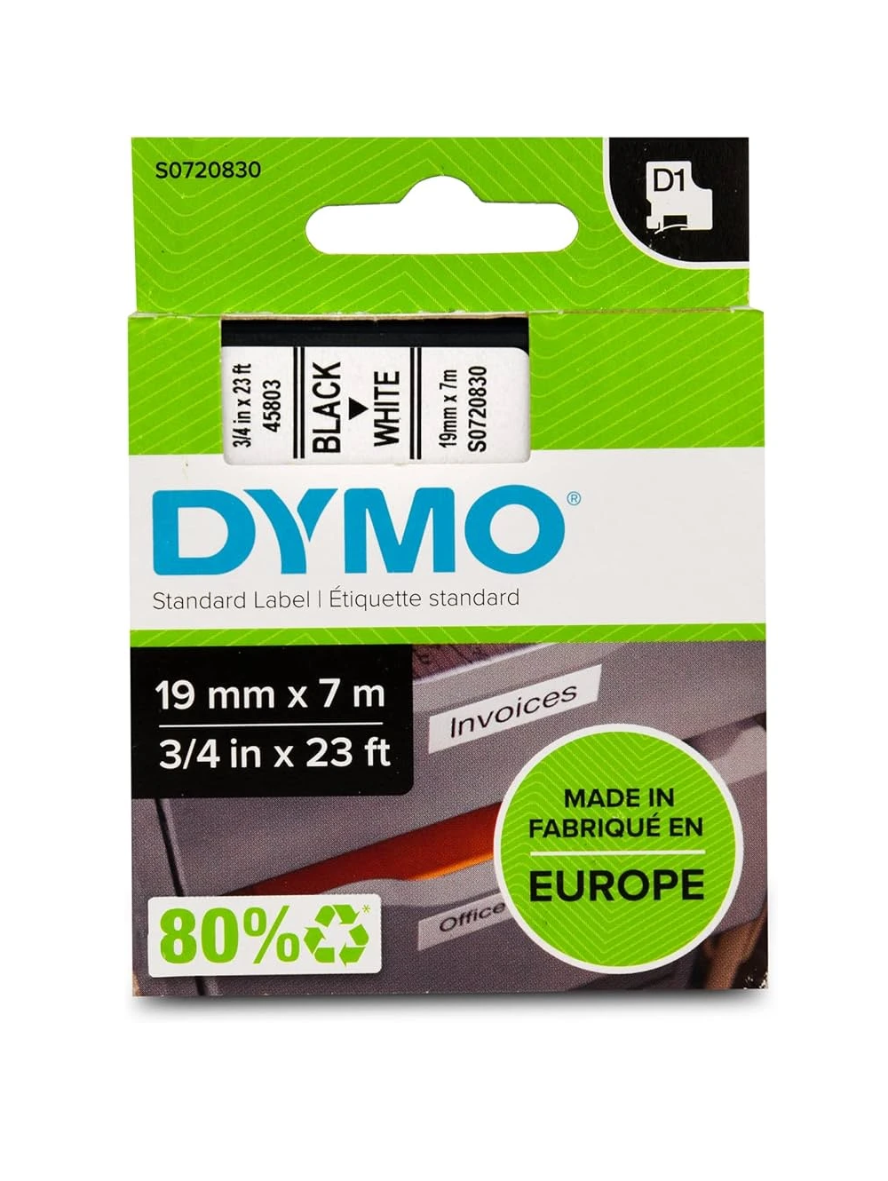 Картридж Dymo S0720830 с лентой 19 мм х 7м. , пластик, черный шрифт/белая лента