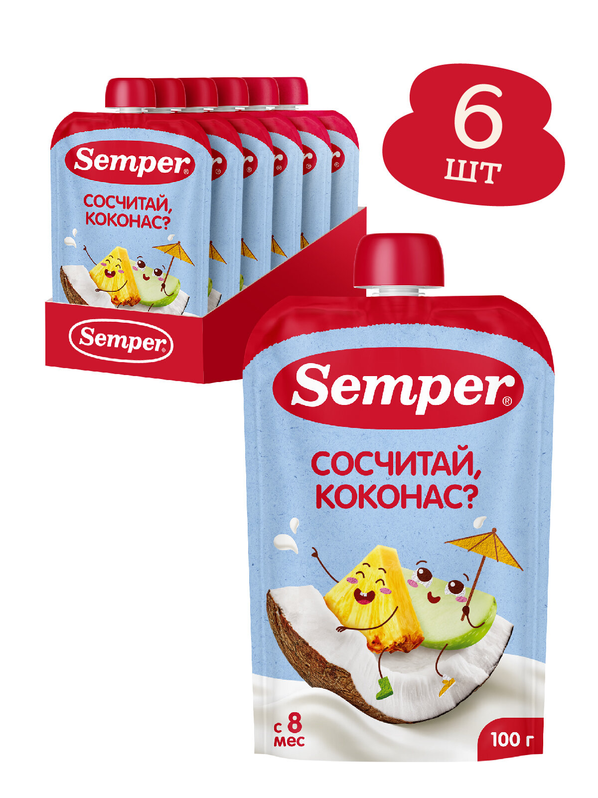 Пюре детское Semper Яблоко-банан-кокос-ананас, с 8 месяцев, 100гр х 6