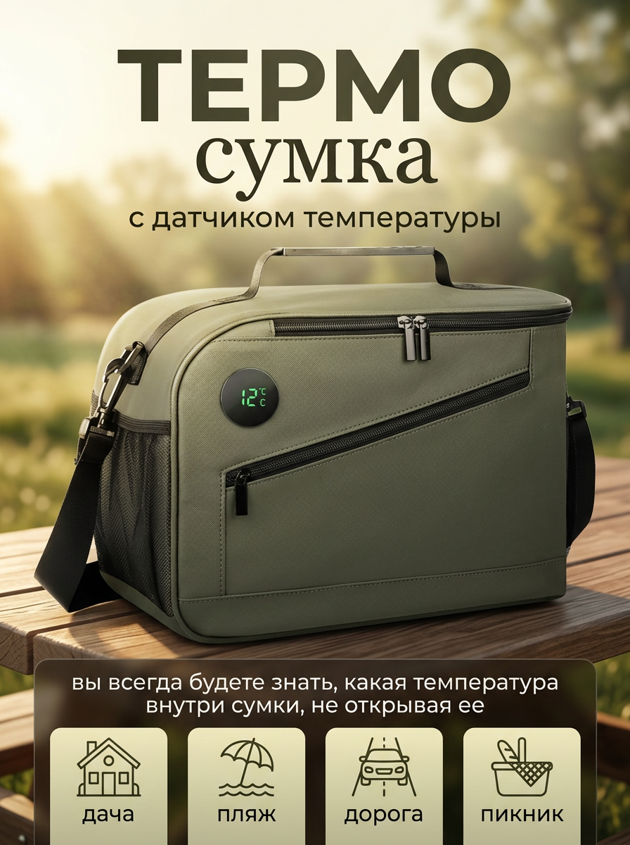 Термосумка холодильник компактная с дисплеем температуры для пикника, дачи, поездок