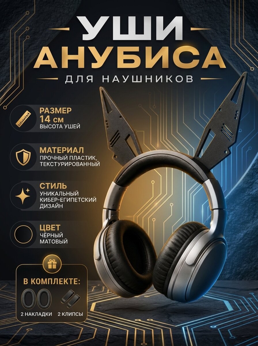 Ушки на наушники Анубис черные, рожки для игровых и аниме наушников