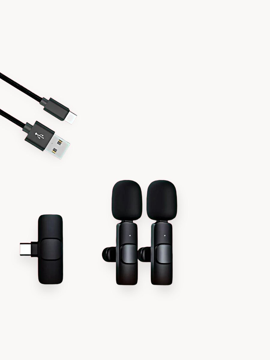 Микрофон беспроводной петличный, Комплект из 2 микрофонов с разъемом Type-C для Android, Петлички для стрима, Черный