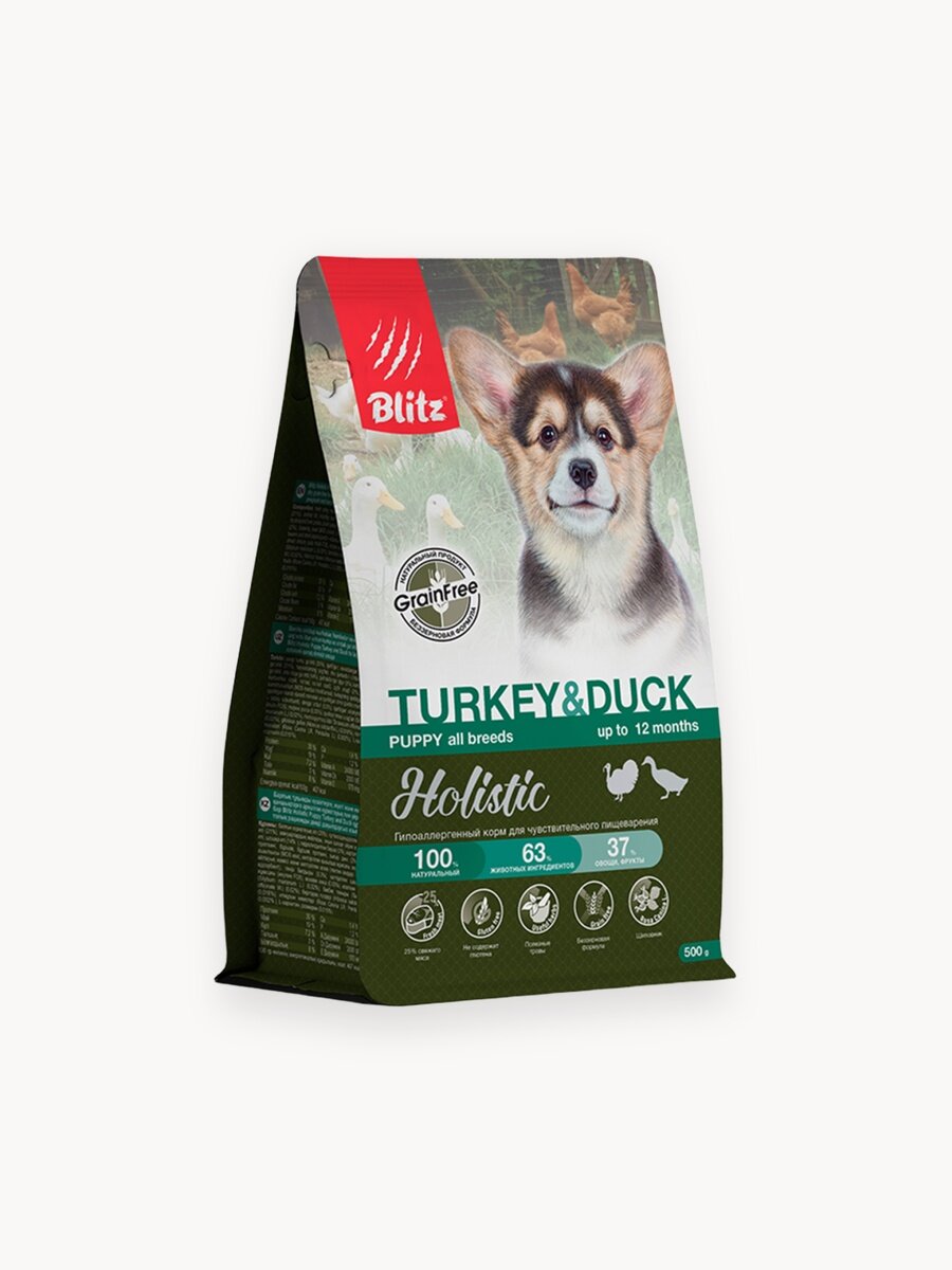 Сухой корм для щенков Blitz Holistic, для беременных и кормящих сук, с чувствительным ЖКТ с индейкой и уткой - 500 г