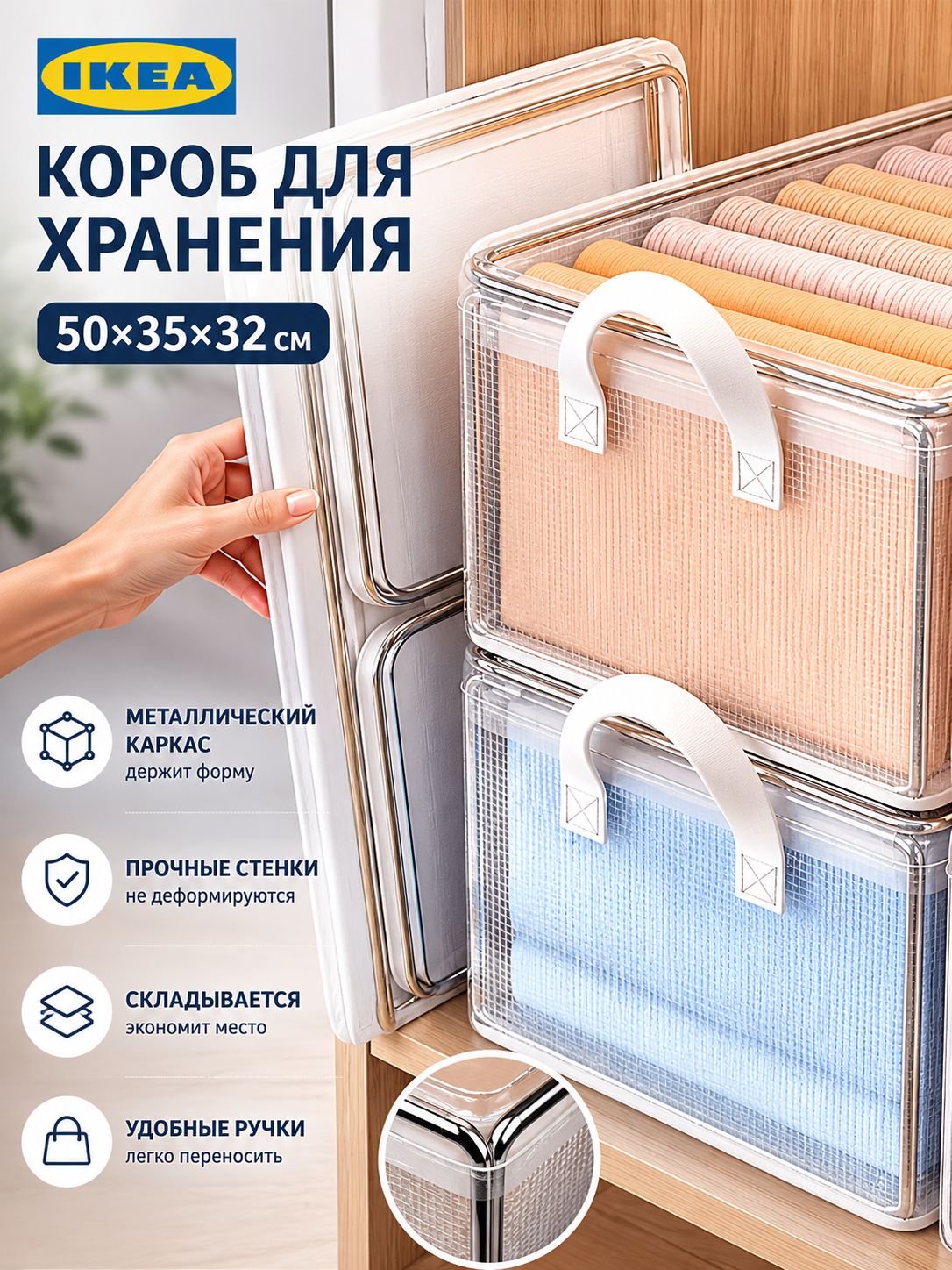 Коробка для хранения вещей с металлическим каркасом 50х30х32, с ручками