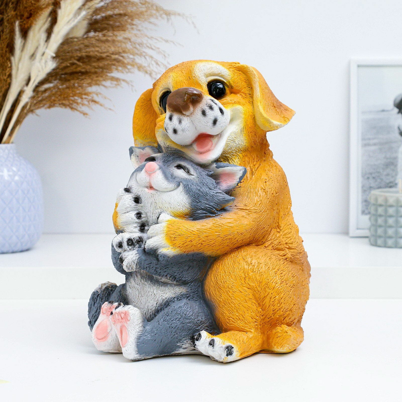 Копилка для денег "Кошка с собакой", полистоун, 17x19x26 см, цвет: коричневый