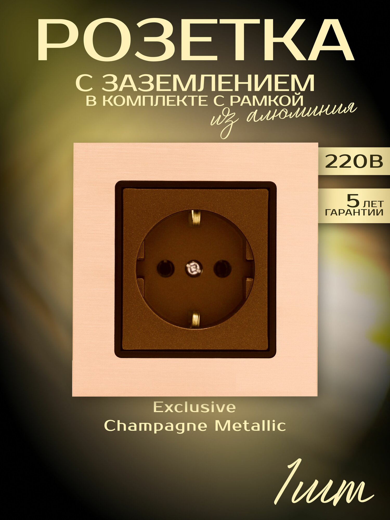Розетка одинарная с заземлением в рамке из алюминия Metronex-Electric Exclusive Champagne Metallic
