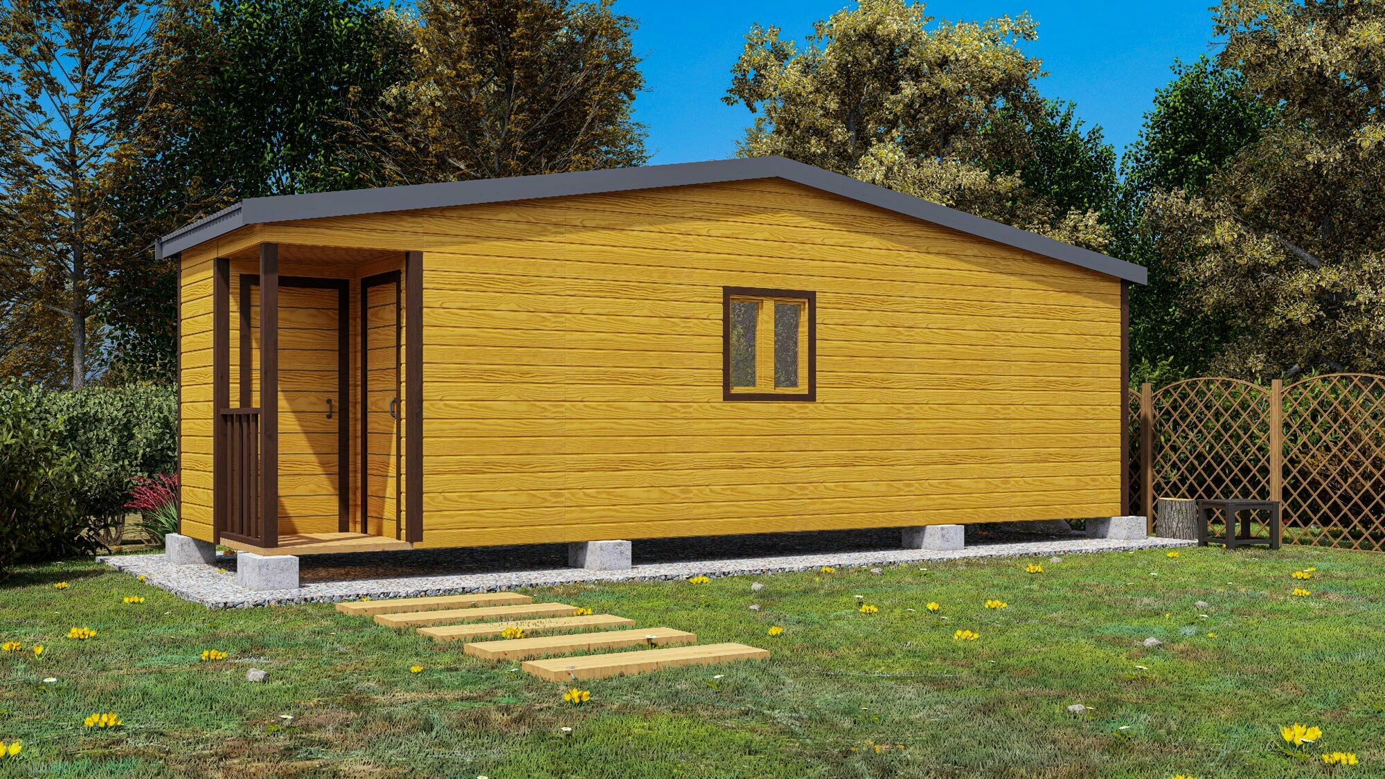 Бытовка дачная садовая Крокус-8, 7.8х2,2м, сборка на участке, внутренняя отделка ДВП