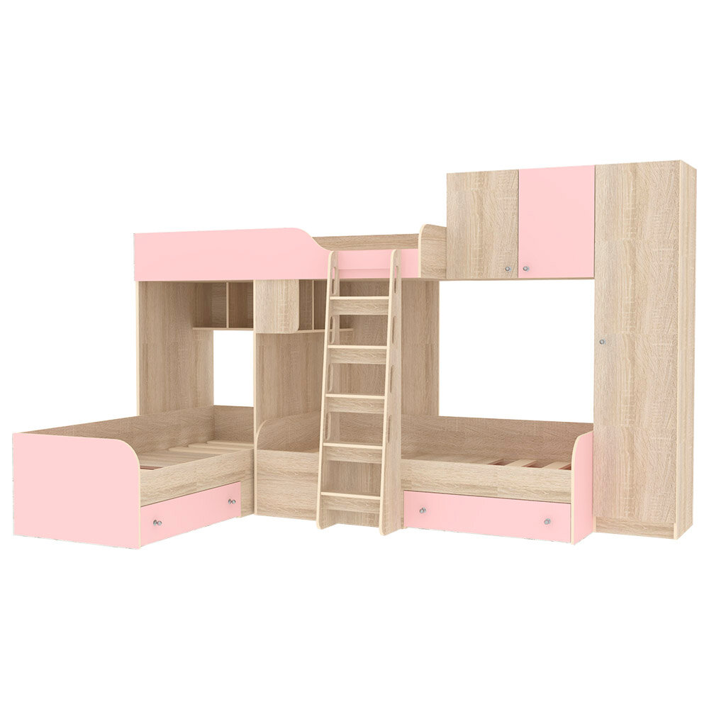 Кровать чердак Трио 2 Дуб Сонома Розовый