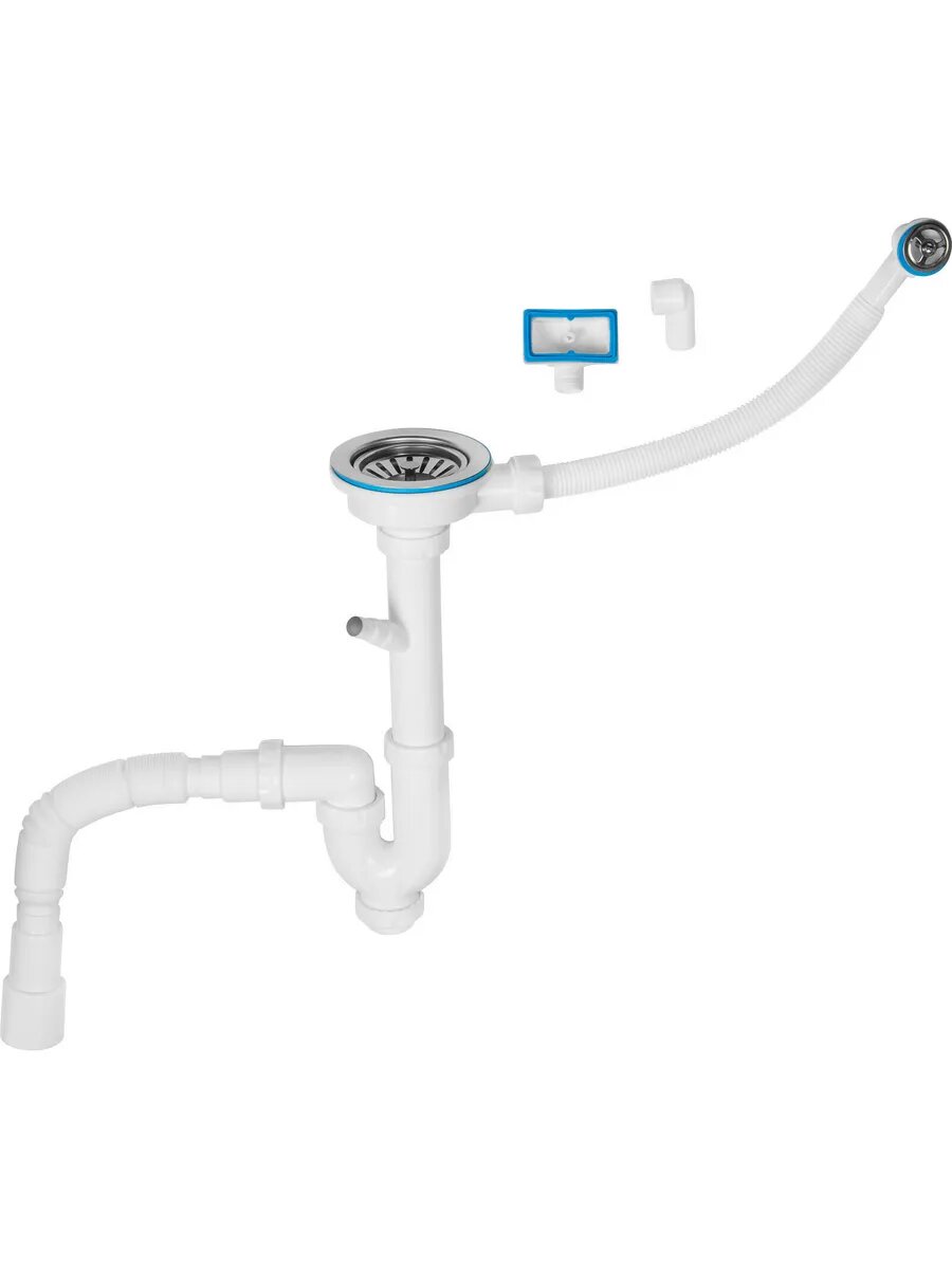 Сифон для кухонной мойки прямоточный с аварийным выходом и с выпуском 70 мм 1 1/2"-40/50 мм AV ENGINEERING, с отводом для стиральной/посудомоечной машины (AVE129741)