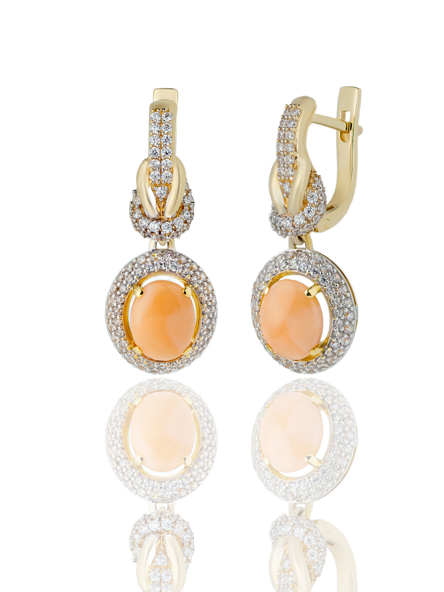 Серьги, желтое золото, 585 проба, фианит, коралл